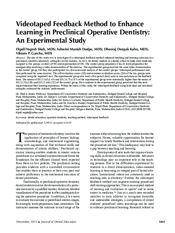 (PDF) Videotaped Feedback Method to Enhance Learning in Preclinical ...