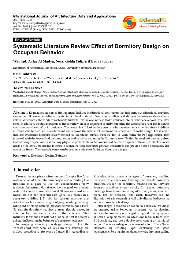 Pdf Systematic Literature Review Effect Of Dormitory Design On Occupant Behavior