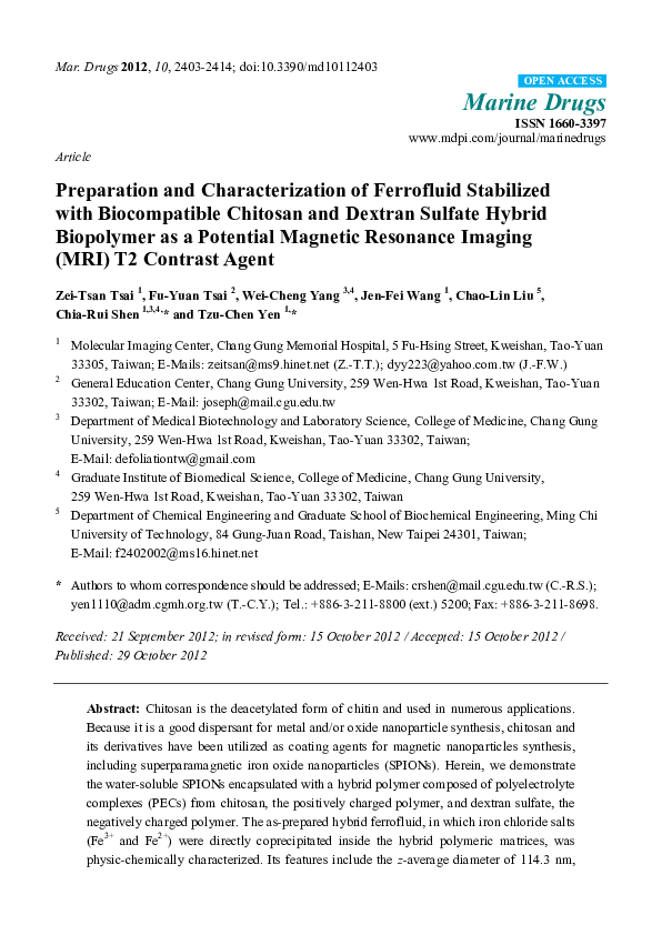 (PDF) Preparation and Characterization of Ferrofluid Stabilized with Biocompatible Chitosan and ...
