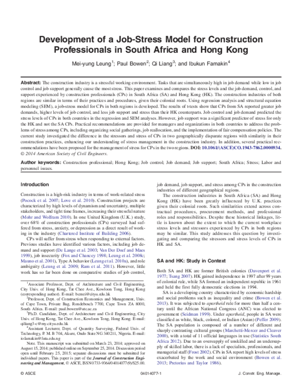 (PDF) Development of a Job-Stress Model for Construction Professionals ...