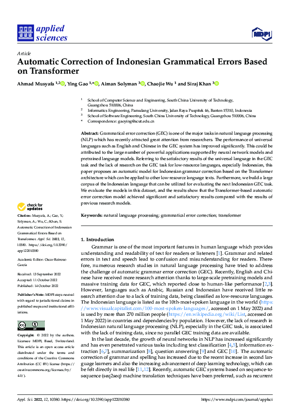 Pdf Automatic Correction Of Indonesian Grammatical Errors Based On Transformer Ahmad Musyafa