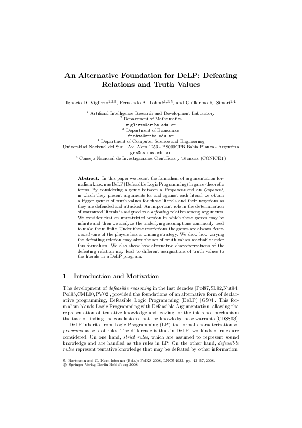 (PDF) An Alternative Foundation for DeLP: Defeating Relations and Truth Values | Fernando Tohme ...