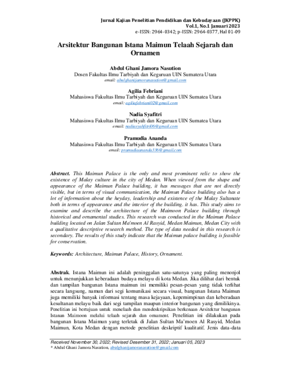 (PDF) Arsitektur Bangunan Istana Maimun Telaah Sejarah dan Ornamen