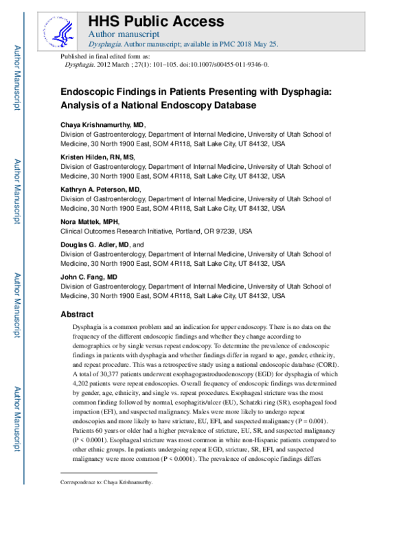 (PDF) Endoscopic Findings in Patients Presenting with Dysphagia: Analysis of a National ...