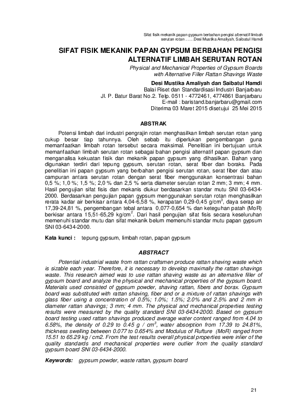 (PDF) Sifat Fisik Mekanik Papan Gypsum Berbahan Pengisi Alternatif Limbah Serutan Rotan