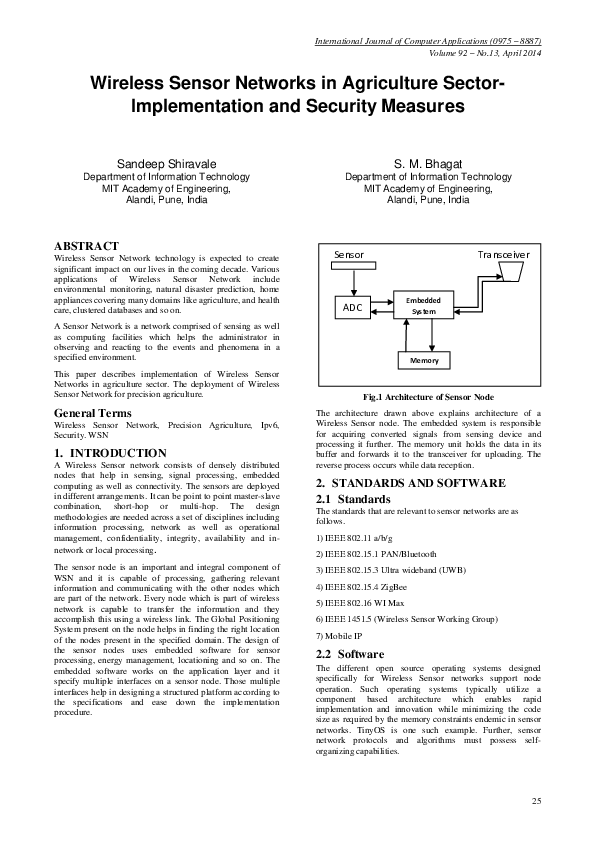 (PDF) Wireless Sensor Networks in Agriculture Sector- Implementation and Security Measures