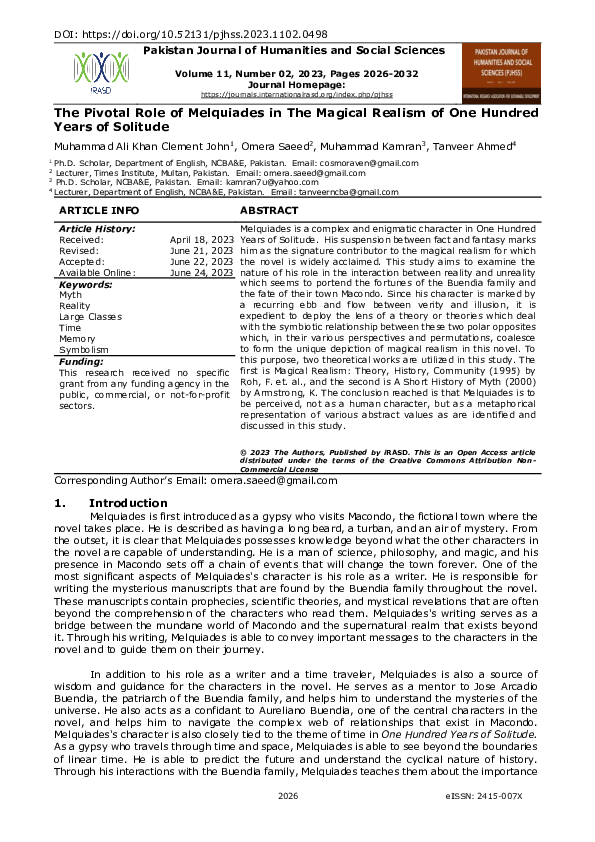 (PDF) The Pivotal Role of Melquiades in The Magical Realism of One ...