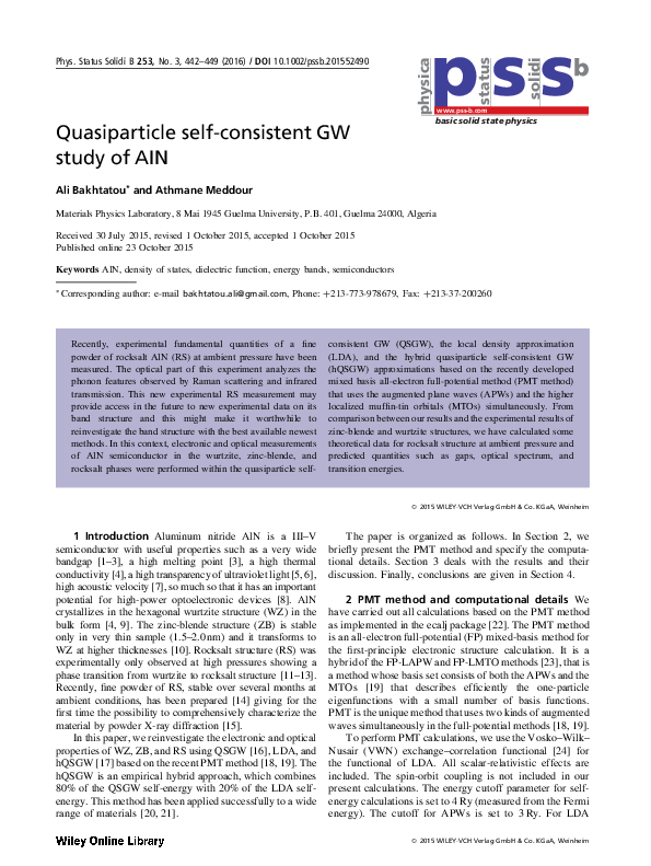 (PDF) Quasiparticle self‐consistent GW study of AIN