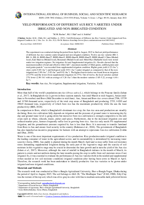 (PDF) YIELD PERFORMANCE OF DIFFERENT AUS RICE VARIETIES UNDER IRRIGATED ...