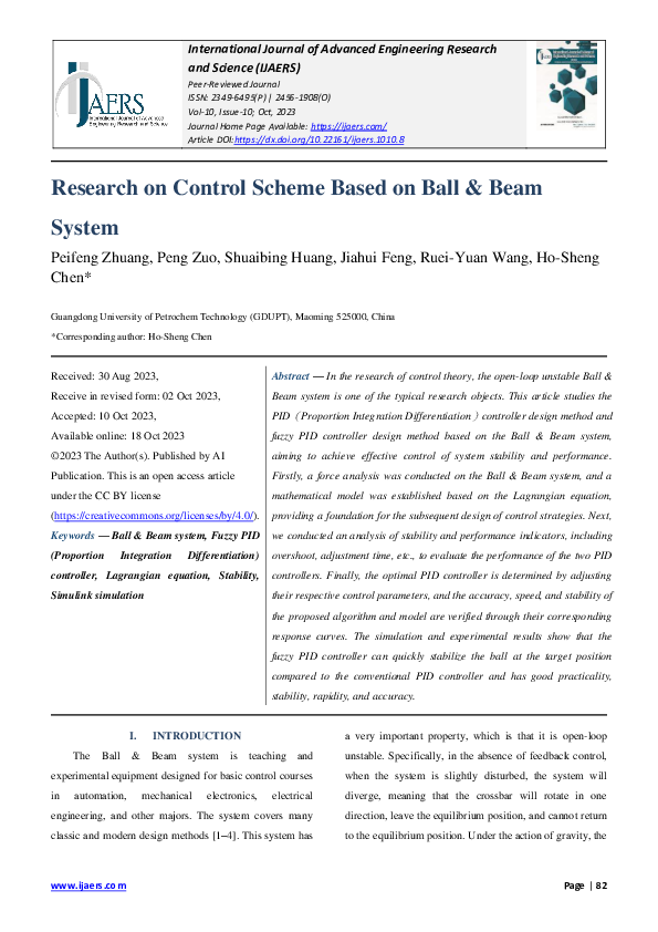 (PDF) Research on Control Scheme Based on Ball & Beam System