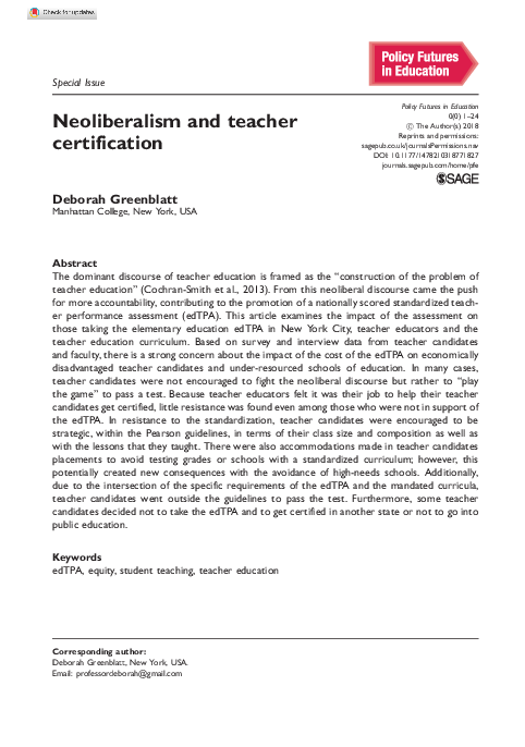 (PDF) Neoliberalism and teacher certification | Deborah Greenblatt ...