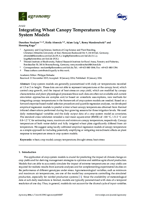 (PDF) agronomy Article Integrating Wheat Canopy Temperatures in Crop System Models