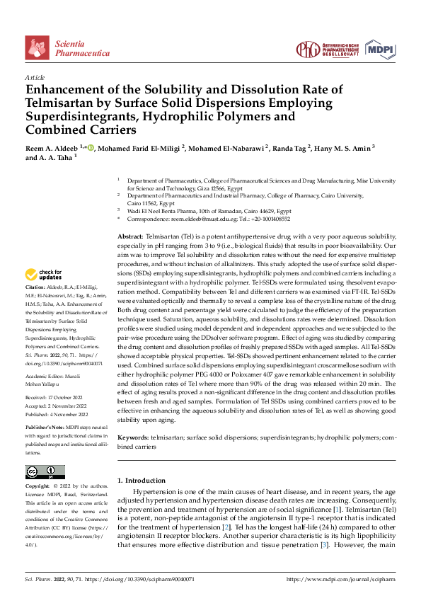 Pdf Enhancement Of The Solubility And Dissolution Rate Of Telmisartan By Surface Solid