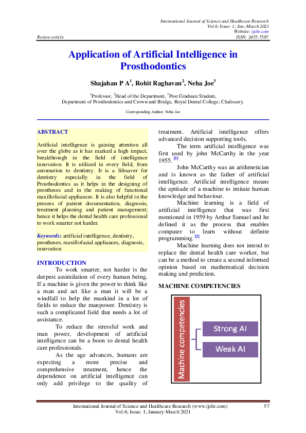 (PDF) Application of Artificial Intelligence in Prosthodontics