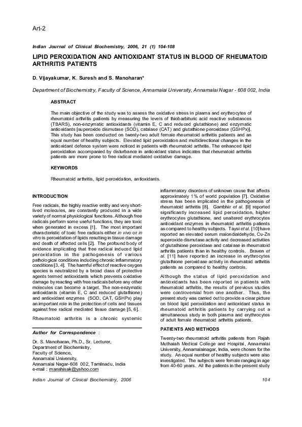 (PDF) Lipid peroxidation and antioxidant status in blood of rheumatoid arthritis patients