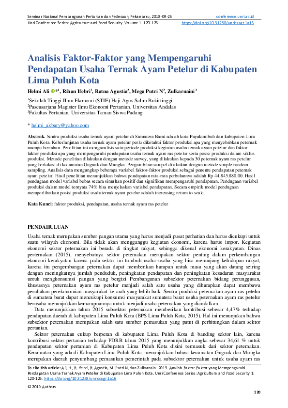 (PDF) Analisis Faktor-Faktor yang Mempengaruhi Pendapatan Usaha Ternak Ayam Petelur di Kabupaten ...