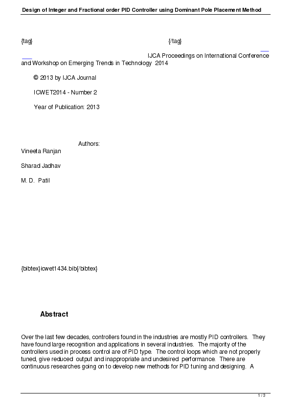 (PDF) Design of Integer and Fractional order PID Controller using Dominant Pole Placement Method