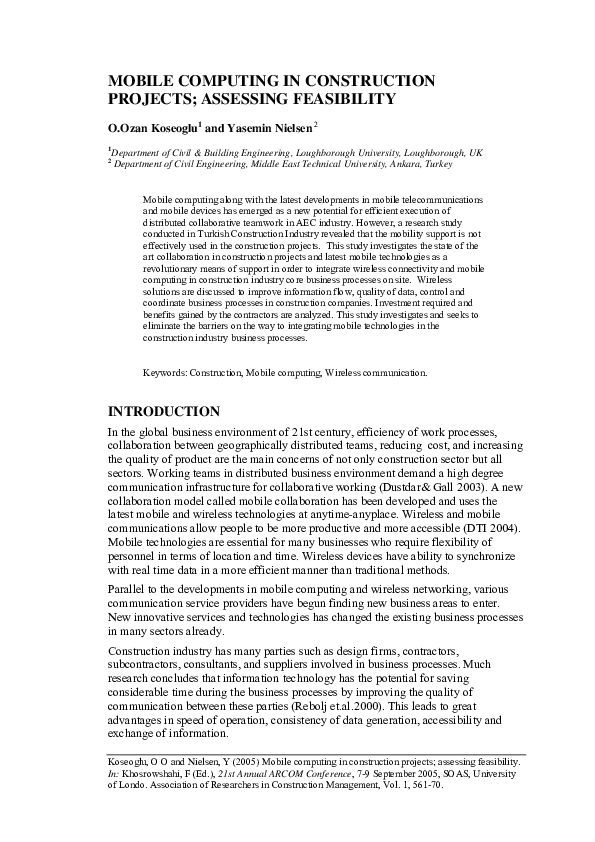 (PDF) Mobile Computing in Construction Projects; Assessing Feasibility