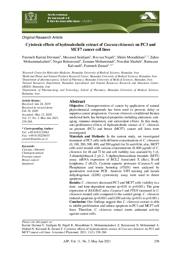 (PDF) Cytotoxic effects of hydroalcoholic extract of Cuscuta chinensis on PC3 and MCF7 cancer ...