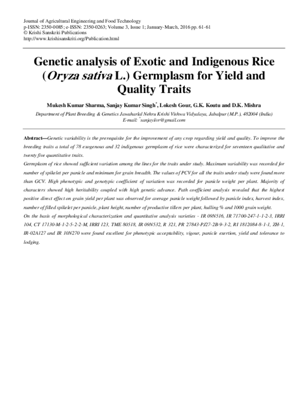 (PDF) Genetic analysis of Exotic and Indigenous Rice (Oryza sativa L.) Germplasm for Yield and ...