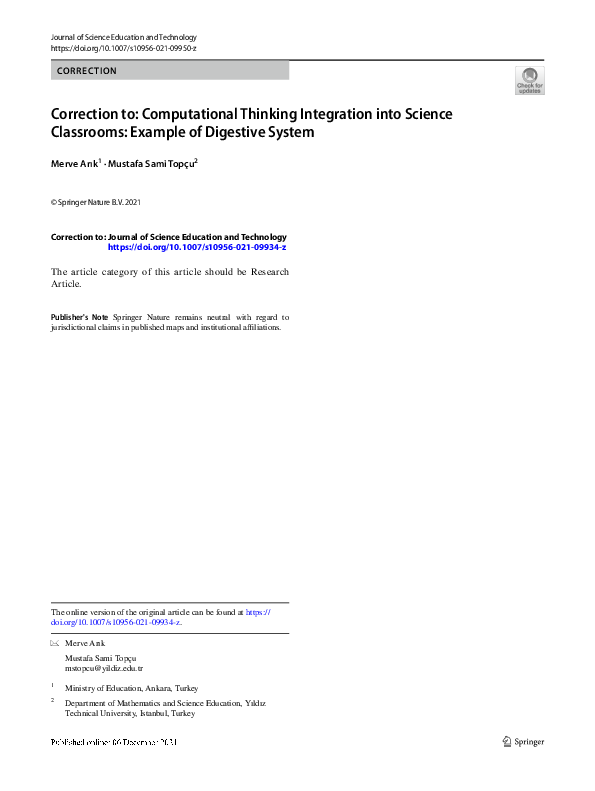 Pdf Correction To Computational Thinking Integration Into Science Classrooms Example Of