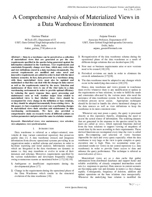 (PDF) A Comprehensive Analysis of Materialized Views in a Data Warehouse Environment