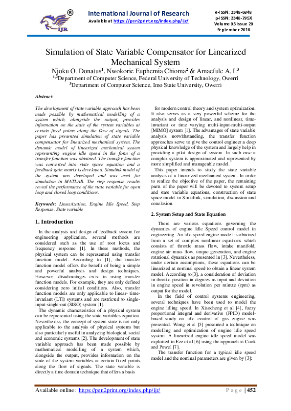 (PDF) Simulation of State Variable Compensator for Linearized Mechanical System