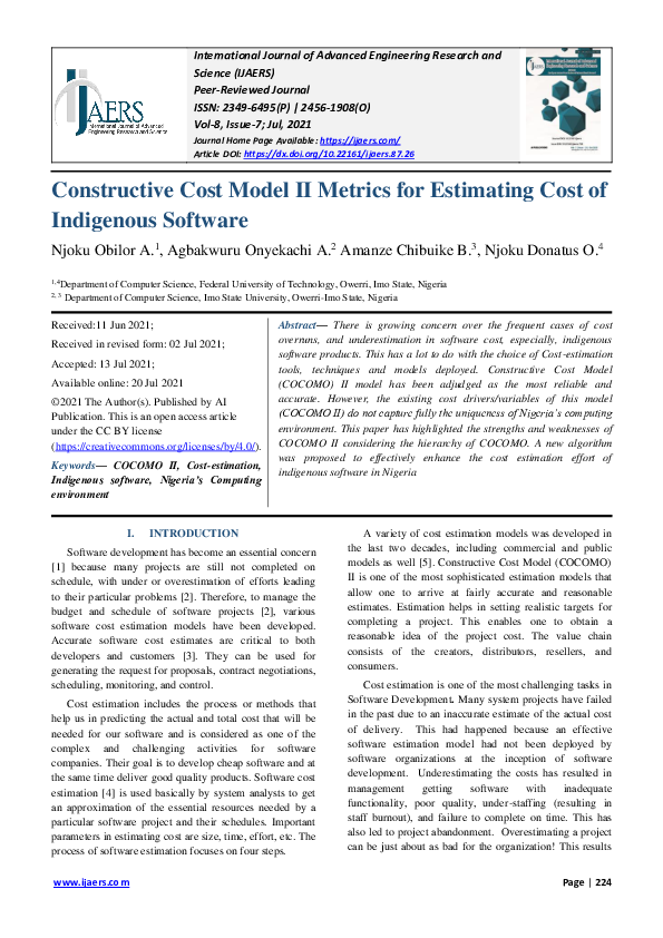(PDF) Enhancing COCOMO II for Indigenous Software Costs