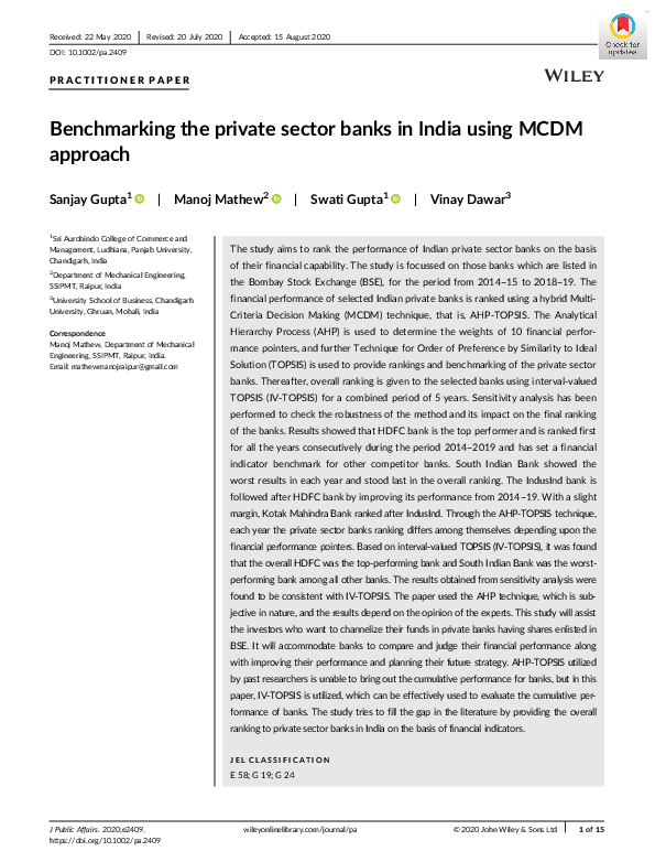 (PDF) Benchmarking the private sector banks in India using MCDM approach