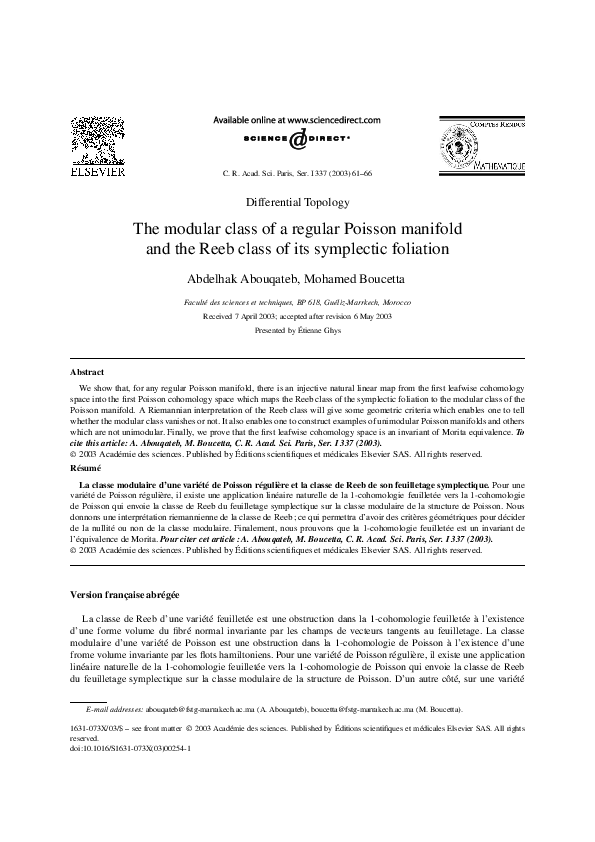 (PDF) The modular class of a regular Poisson manifold and the Reeb ...