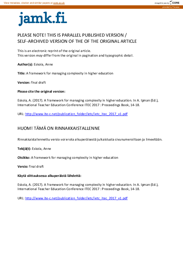 Pdf A Framework For Managing Complexity In Higher Education