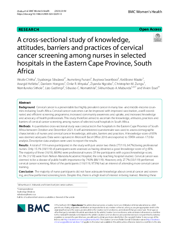 (PDF) A cross-sectional study of knowledge, attitudes, barriers and practices of cervical cancer ...