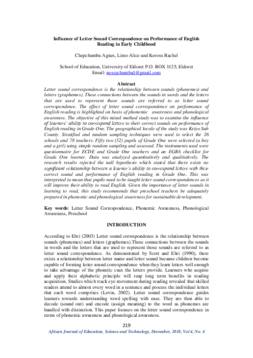 (PDF) Influence of Letter Sound Correspondence on Performance of English Reading in Early Childhood