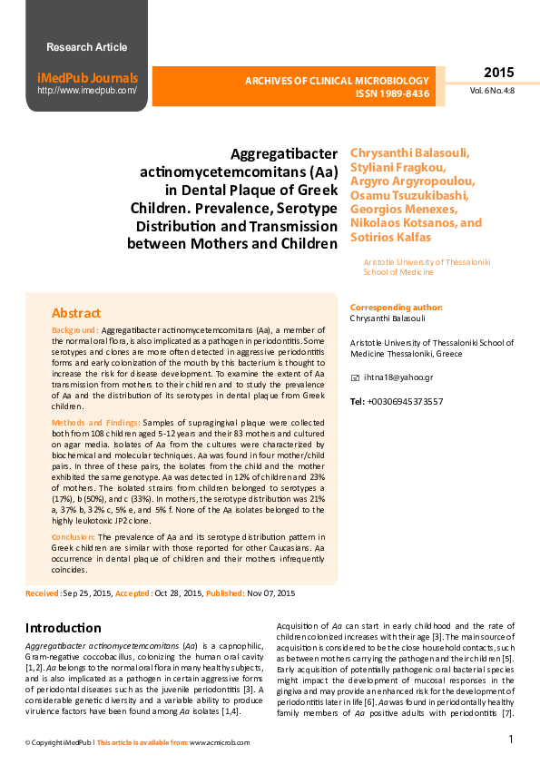 Aggregatibacter actinomycetemcomitans (Aa) in Dental Plaque of Greek ...