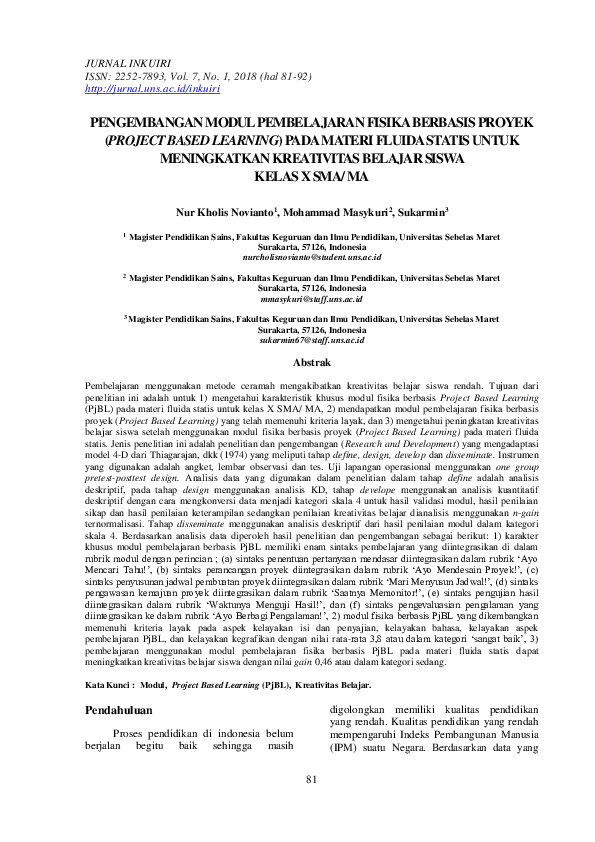 (PDF) Pengembangan Modul Pembelajaran Fisika Berbasis Proyek (Project Based Learning) Pada ...