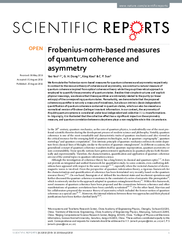 Pdf Frobenius Norm Based Measures Of Quantum Coherence And Asymmetry