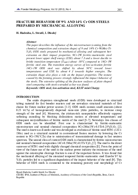 (PDF) FRACTURE BEHAVIOR OF 9% AND 14% Cr ODS STEELS PREPARED BY MECHANICAL ALLOYING
