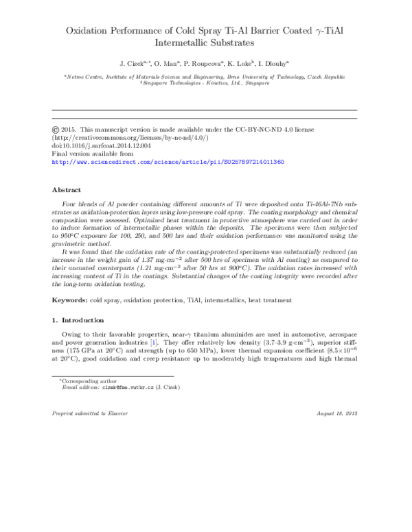 (PDF) Oxidation performance of cold spray Ti–Al barrier coated γ-TiAl ...