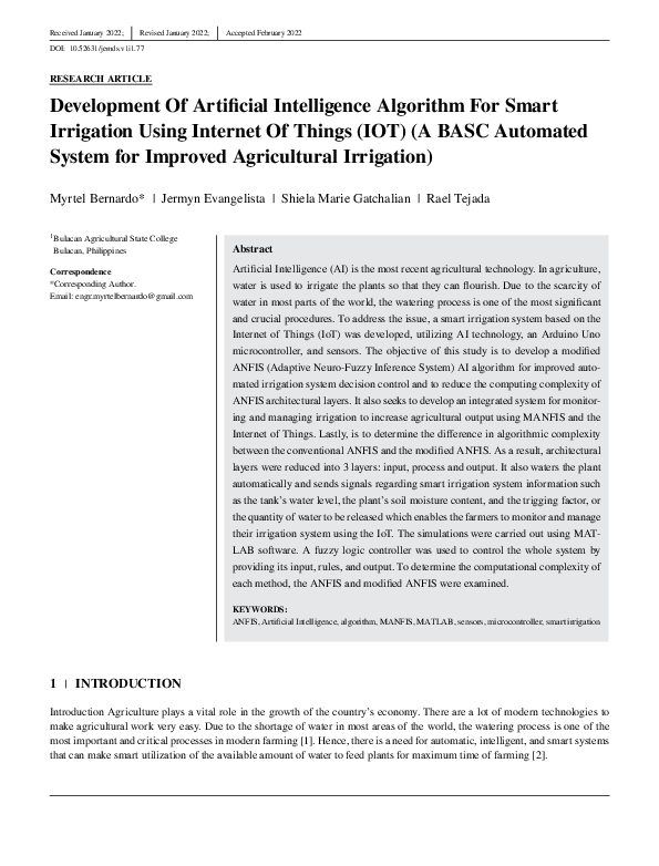 (PDF) Development of Artificial Intelligence Algorithm for Smart Irrigation Using Internet of ...