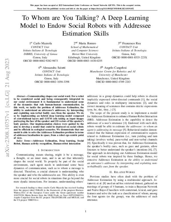(PDF) To Whom are You Talking? A Deep Learning Model to Endow Social Robots with Addressee ...