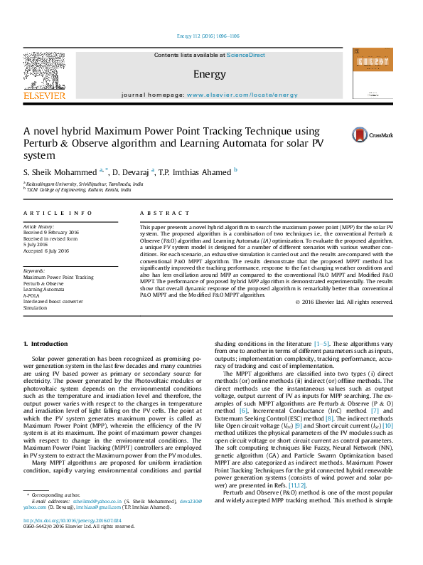 Pdf A Novel Hybrid Maximum Power Point Tracking Technique Using Perturb And Observe Algorithm 3587