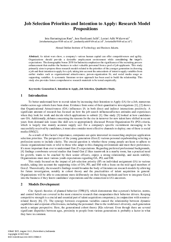 (PDF) Job Selection Priorities and Intention to Apply: Research Model ...