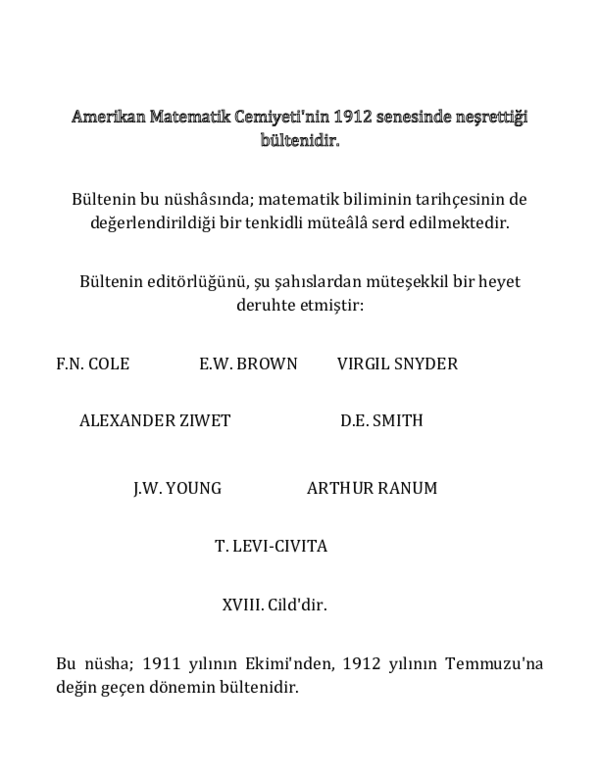 Amerikan Matematik Cemiyeti'nin 1912 senesinde çıkmış bir nüshâsından ...