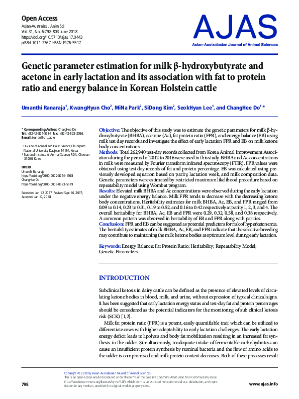 (PDF) Genetic parameter estimation for milk β-hydroxybutyrate and acetone in early lactation and ...