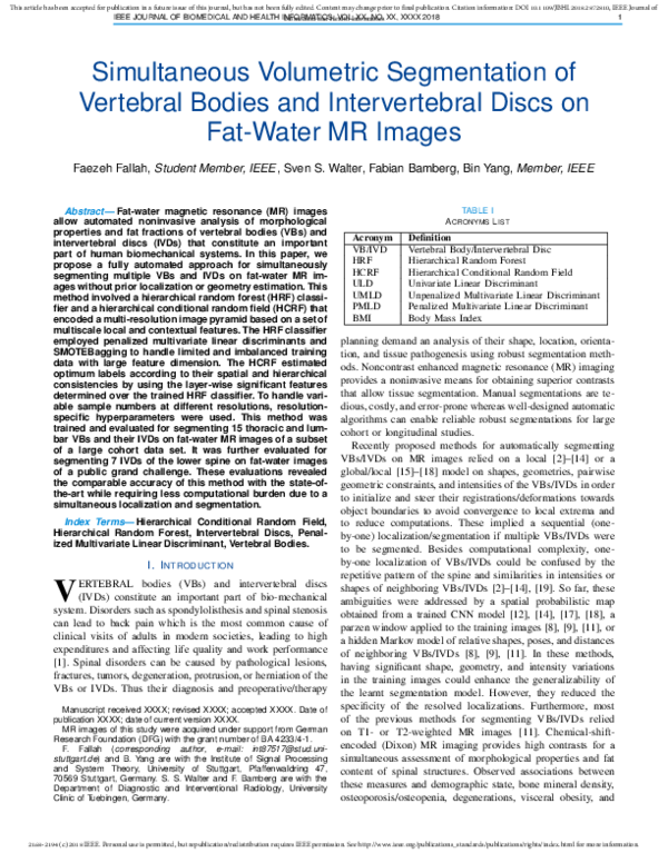 Pdf Simultaneous Volumetric Segmentation Of Vertebral Bodies And Intervertebral Discs On Fat