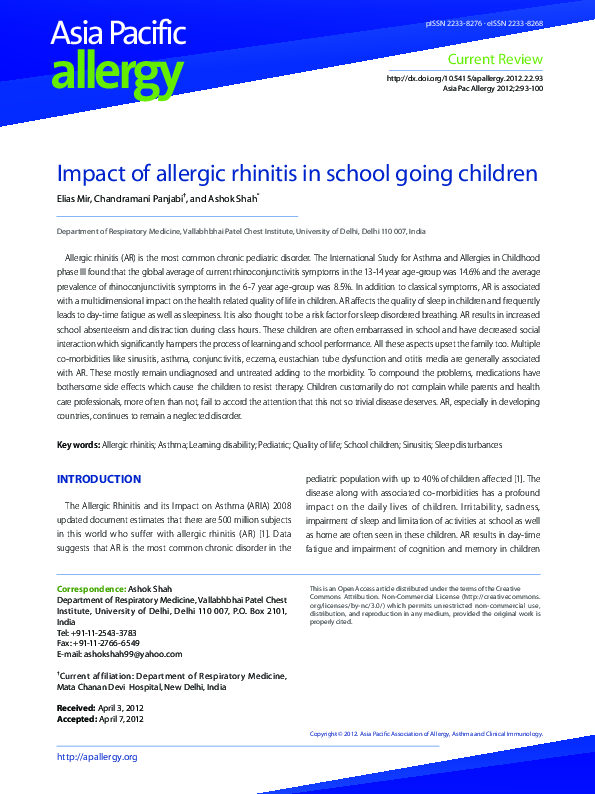 (PDF) Impact of allergic rhinitis in school going children