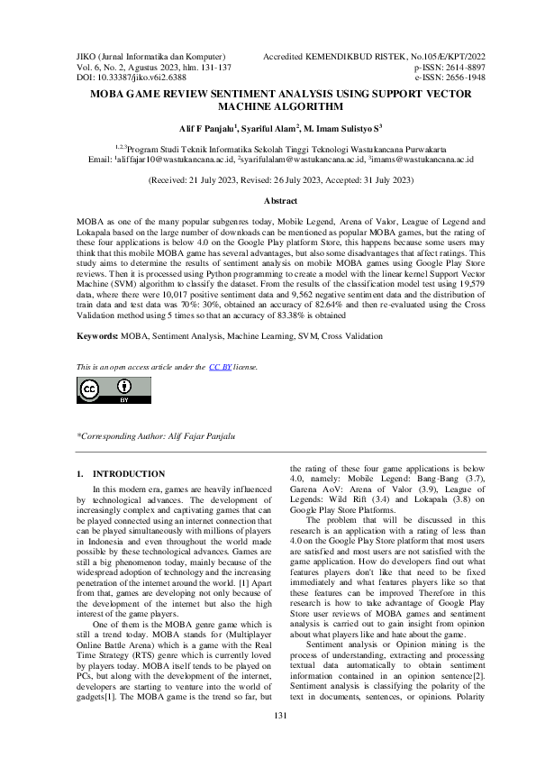 (PDF) Moba Game Review Sentiment Analysis Using Support Vector Machine Algorithm