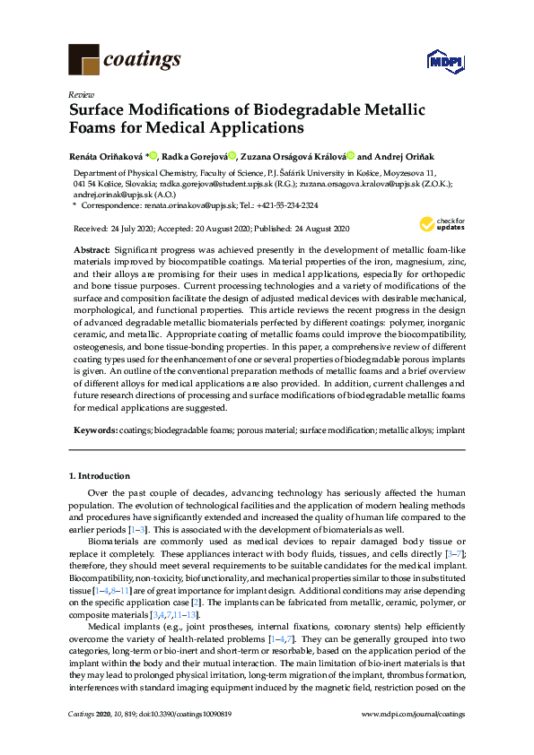 Pdf Surface Modifications Of Biodegradable Metallic Foams For Medical Applications