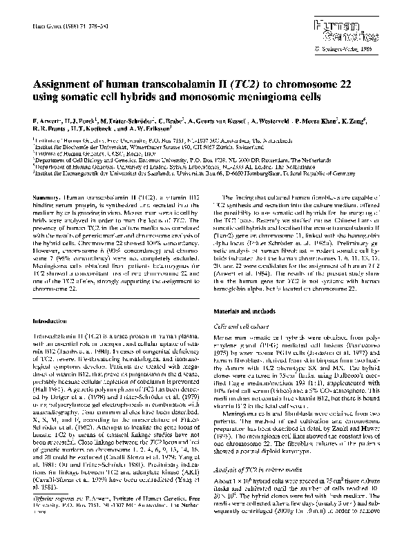 (PDF) Assignment of human transcobalamin II (TC2) to chromosome 22 ...