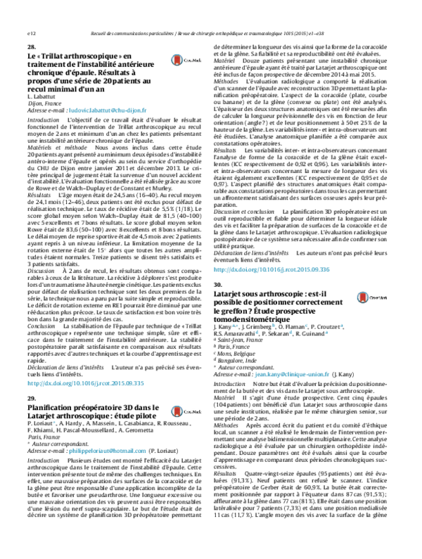 (PDF) Latarjet sous arthroscopie : est-il possible de positionner ...